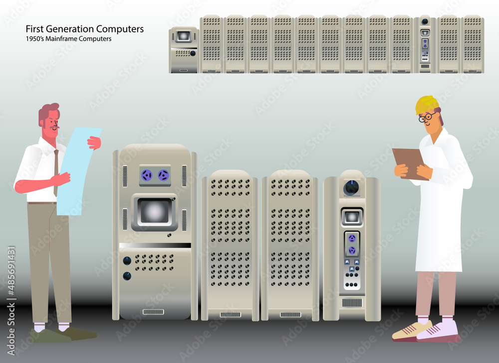 flat characters of engineers and technicians working on a vintage ...