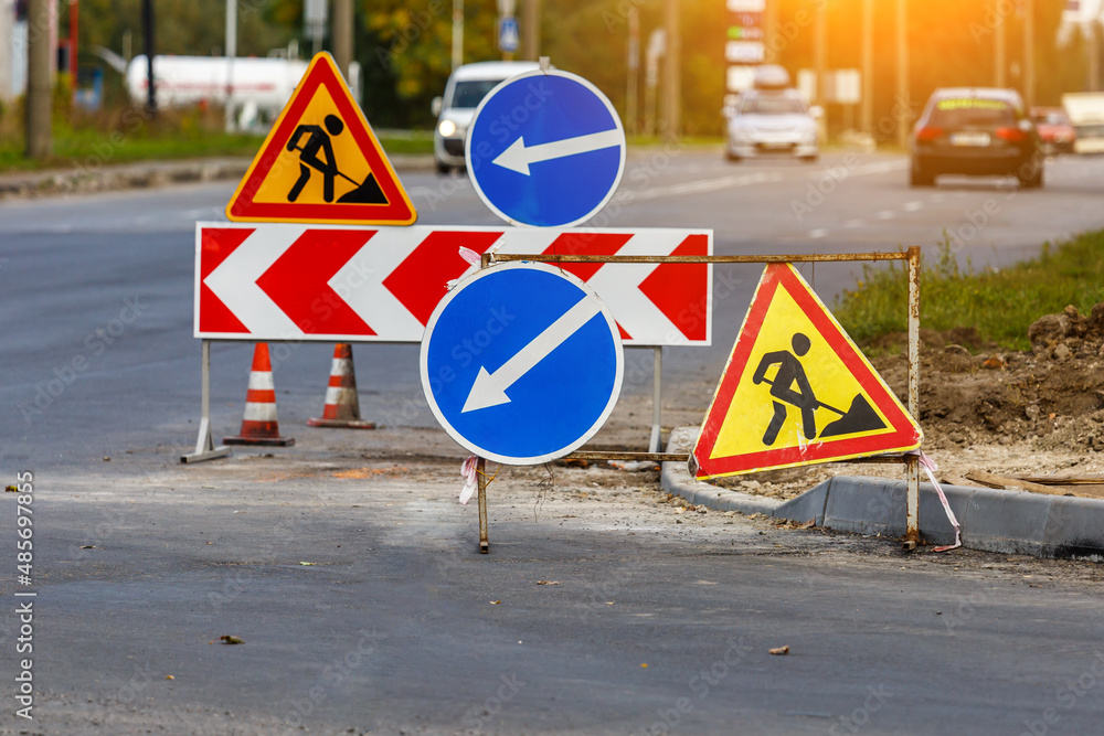 Road signs!Road works with trucks and traffic signs.road works road ...