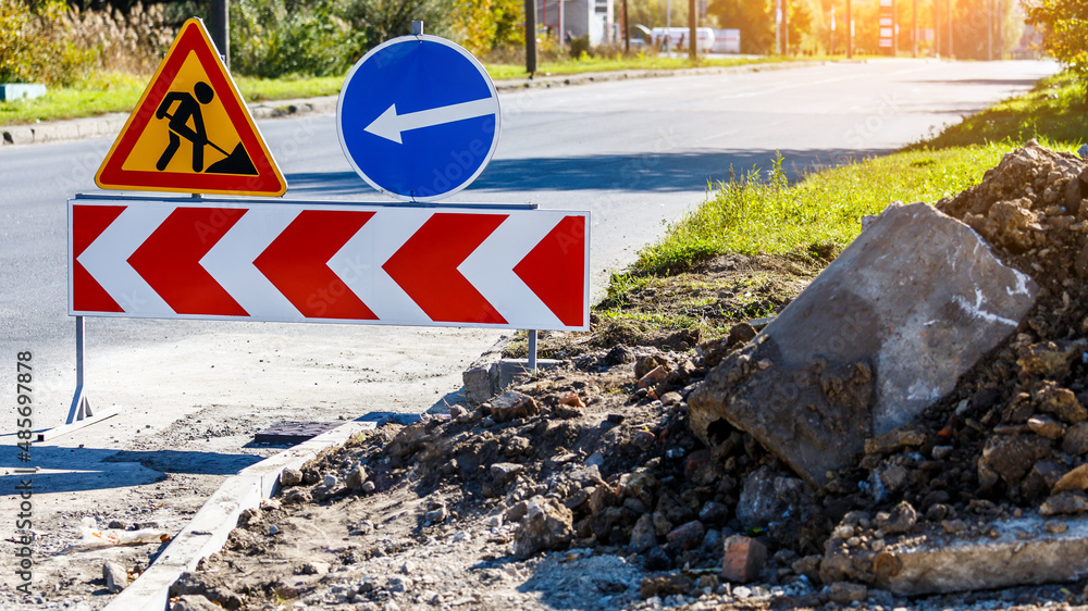 Road signs!Road works with trucks and traffic signs.road works road ...