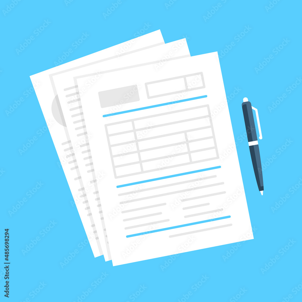 Documents, forms and pen. Vector illustration. Application form, sign ...