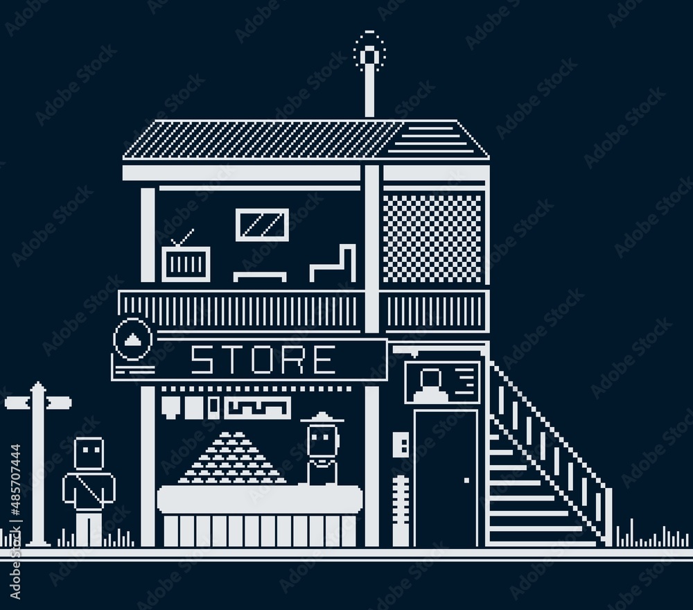 black and white illustration of store building with pixel art ...