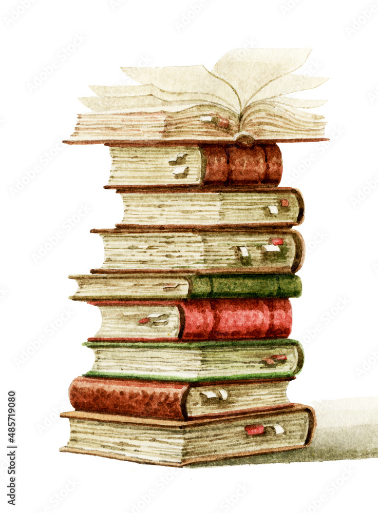 A stack of old books painted in watercolor. Ancient folios stacked on ...