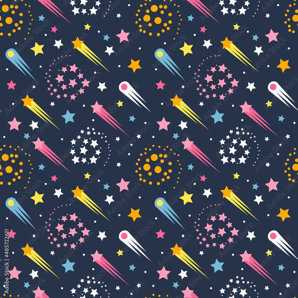 vector seamless pattern in flat style on space theme with hand drawn ...