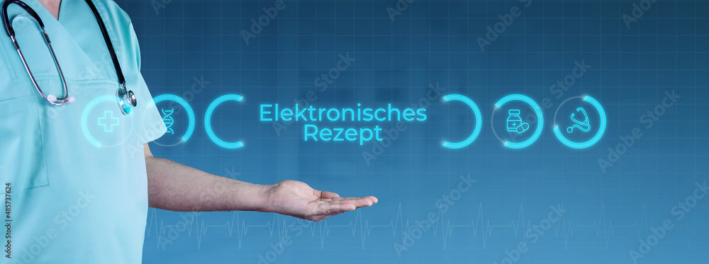 Elektronisches Rezept (E-Rezept). Arzt streckt Hand aus. Interface mit ...