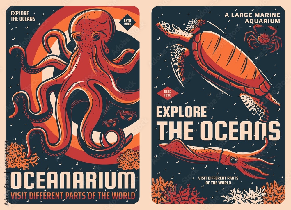 Octopus, squid, sea turtle and crab retro vector posters of oceanarium ...