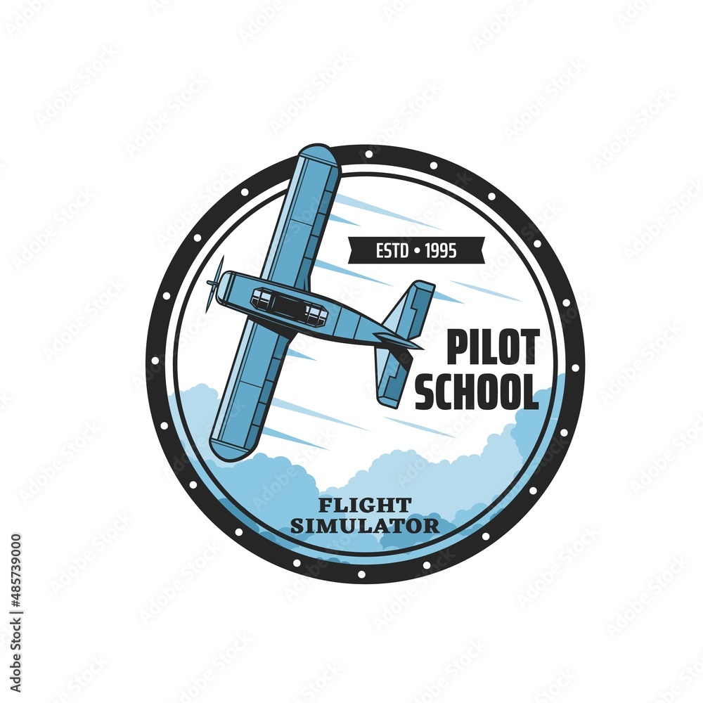 Pilot school flight simulator icon. Flying club round emblem or retro ...