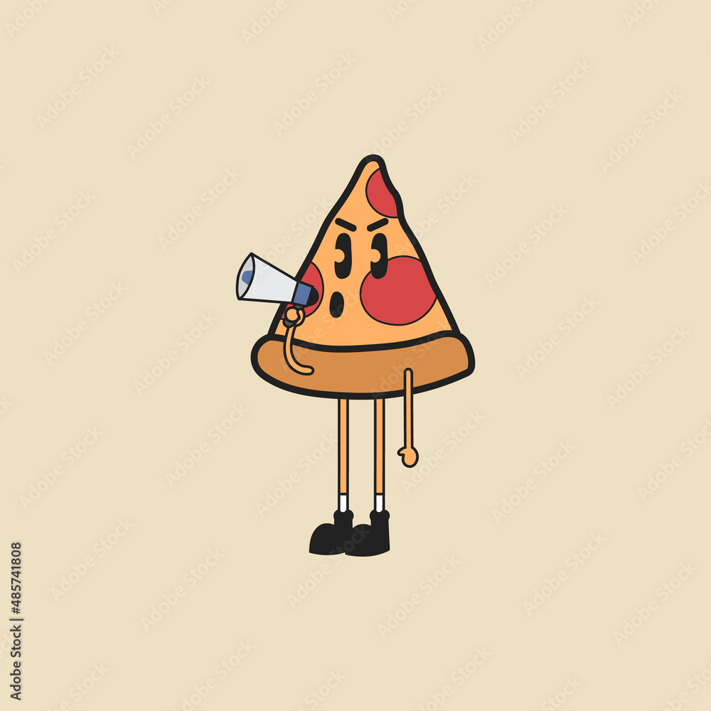 Cute slice pizza character holding hand speaker. Pizza mascot character ...
