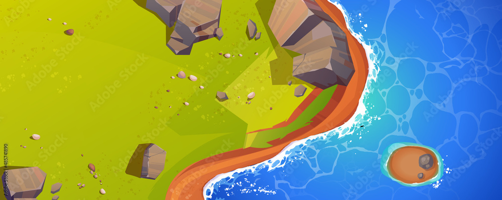 Top view of sea coast, ocean beach with rocks and cliffs. Vector ...