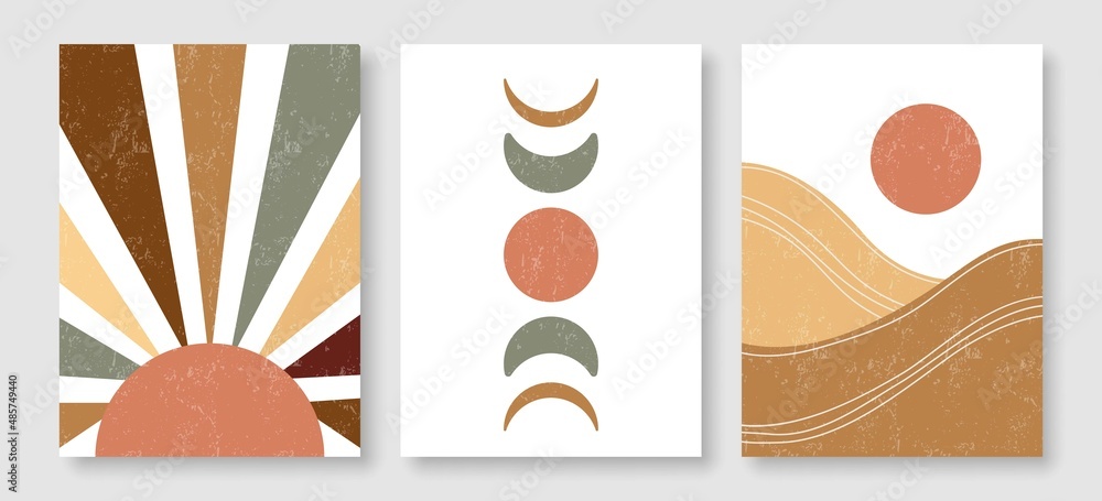 Boho Wall Art. Set of 3 Prints with Mountain Landscape, Sun, Moon ...