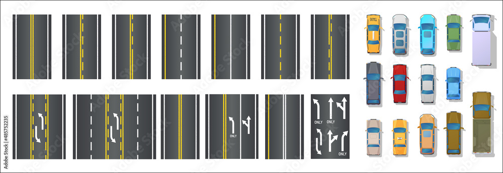 Road elements and Cars top view. City transport set with white and ...