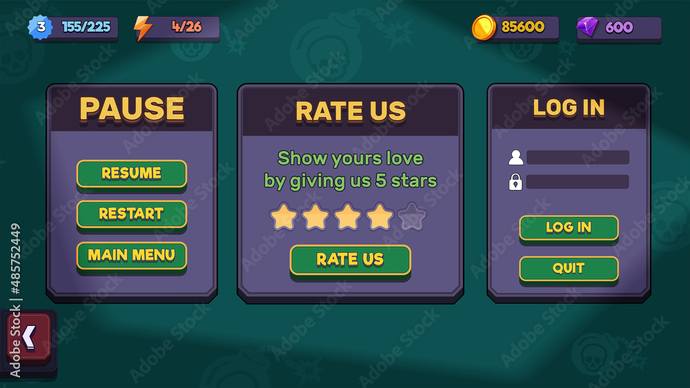 Action Game Ui Kit Menus, pop up, screens and Game elements เวกเตอร์ ...