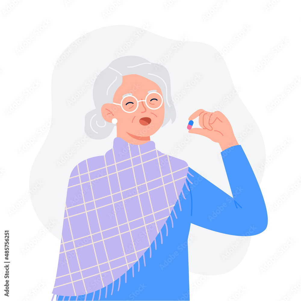 An old cute woman drinks a pill. Cartoon character standing and holding ...