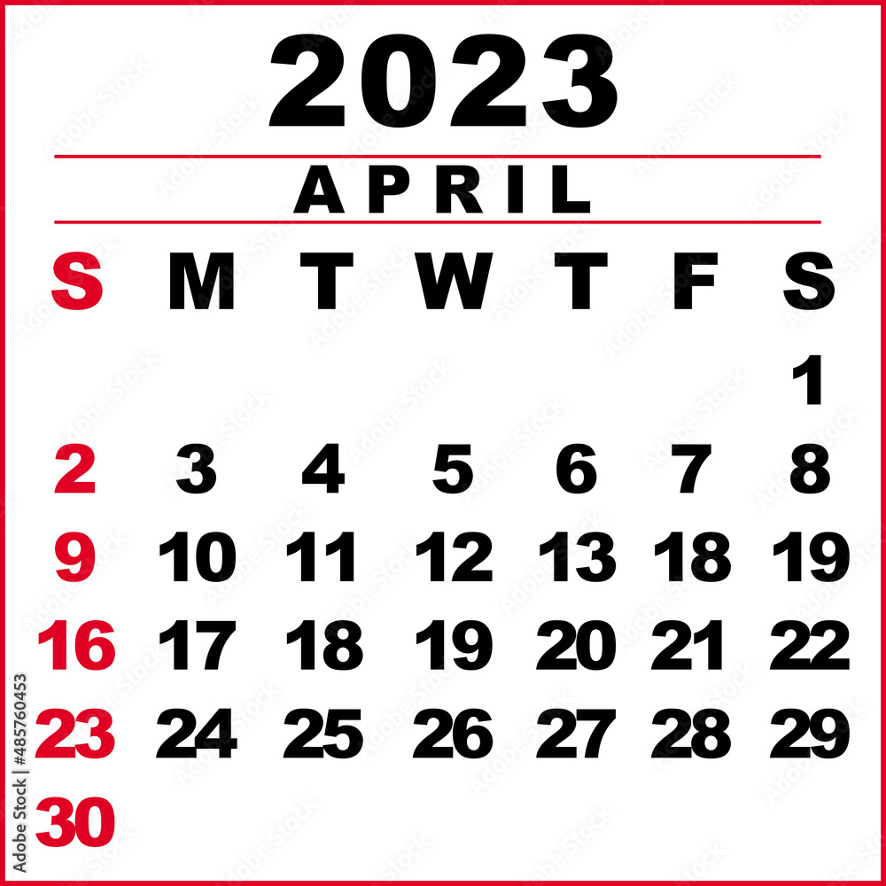 April2023 Calendar illustration. The week starts on Sunday. Calendar ...