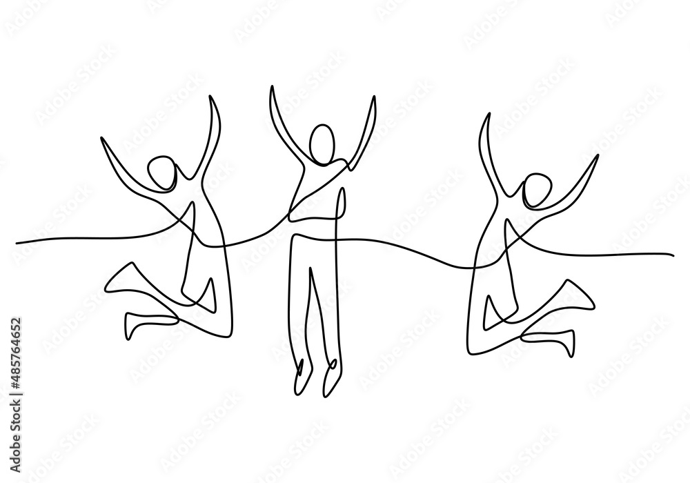 One continuous single line of happy people jumping isolated on white ...
