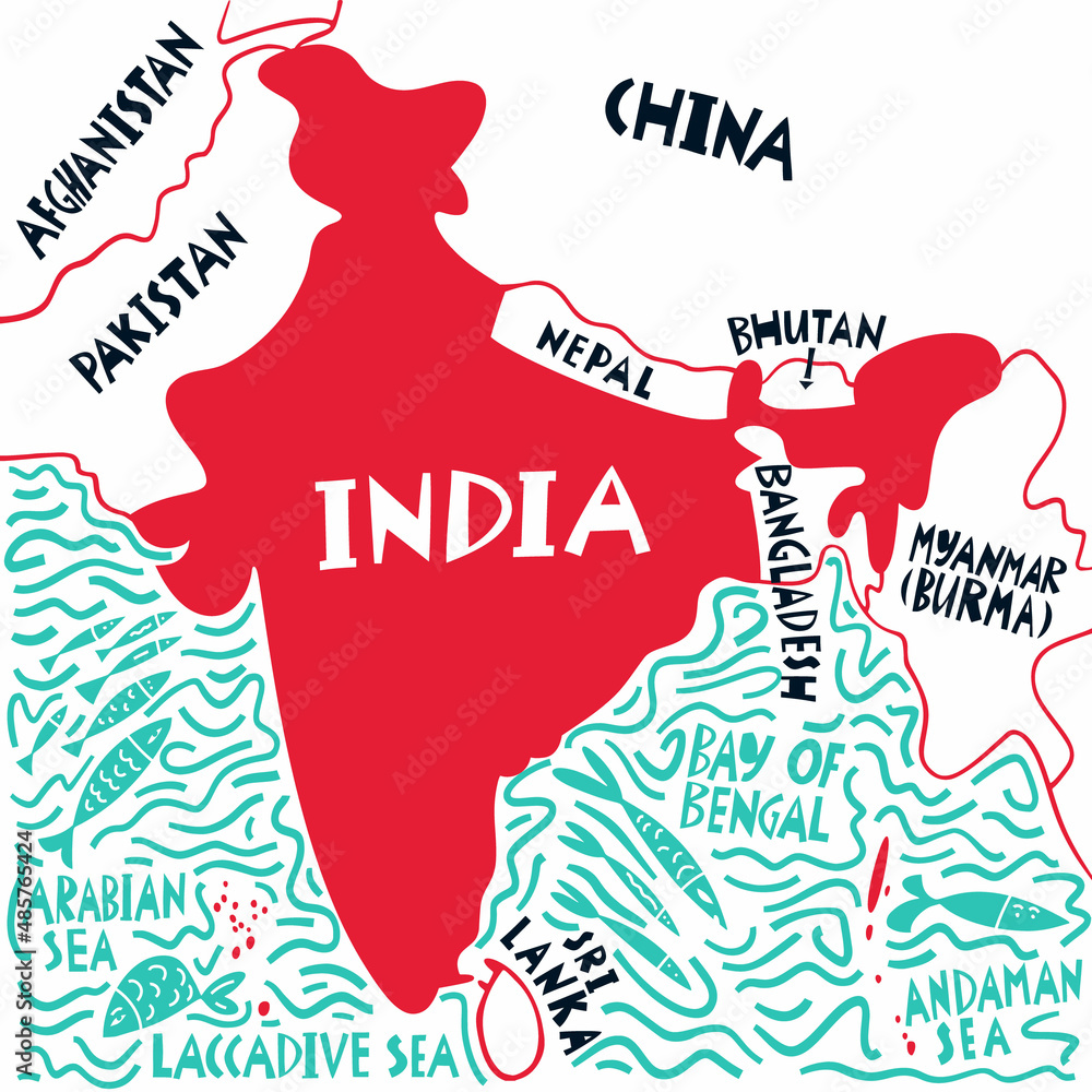 Vector hand drawn stylized map of Indian neighbors countries and waters ...