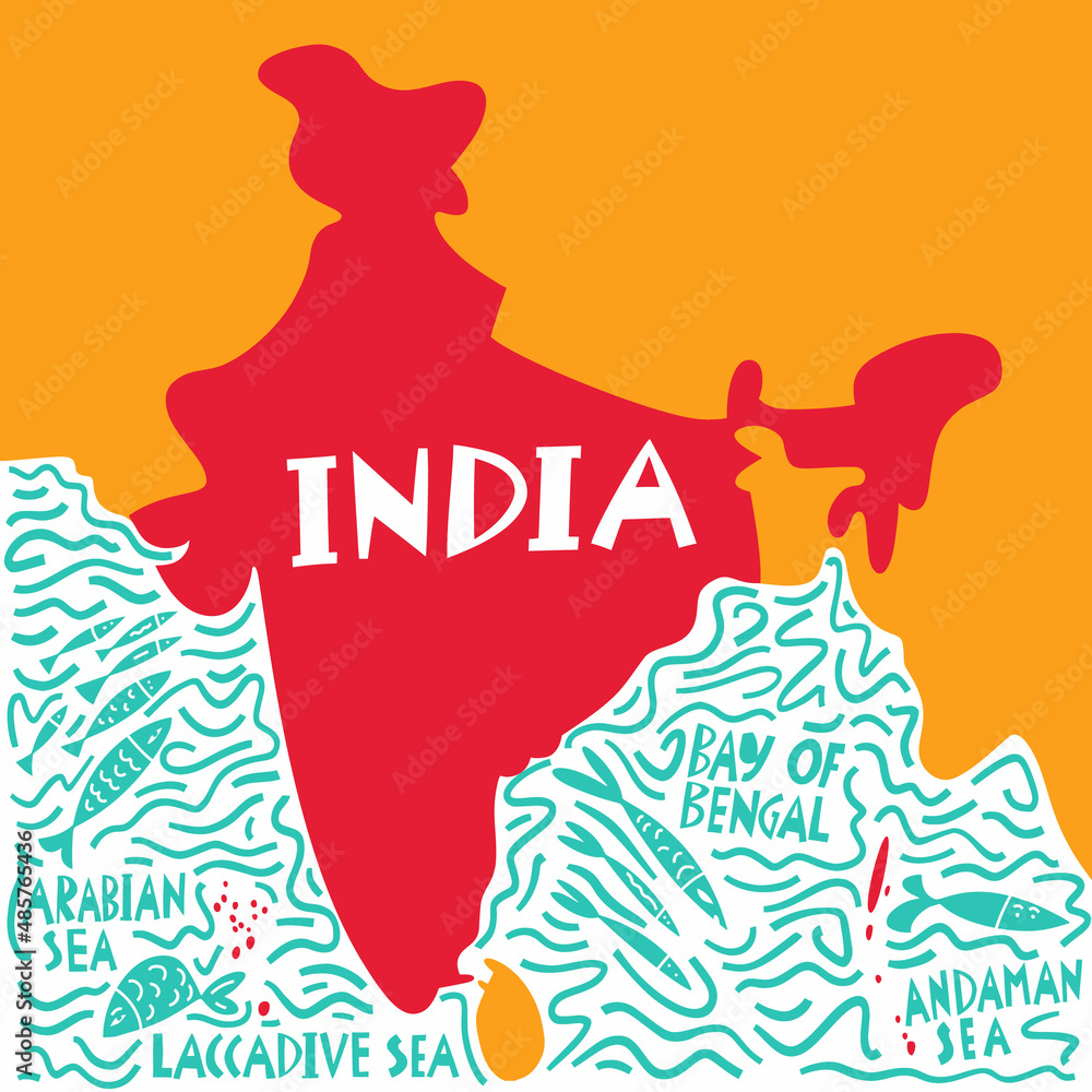Vector hand drawn stylized map of Indian region with waters names ...