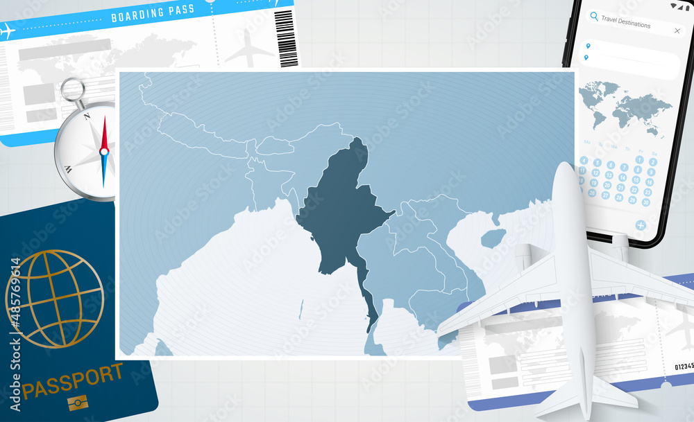 Journey to Myanmar, illustration with a map of Myanmar. Background with ...