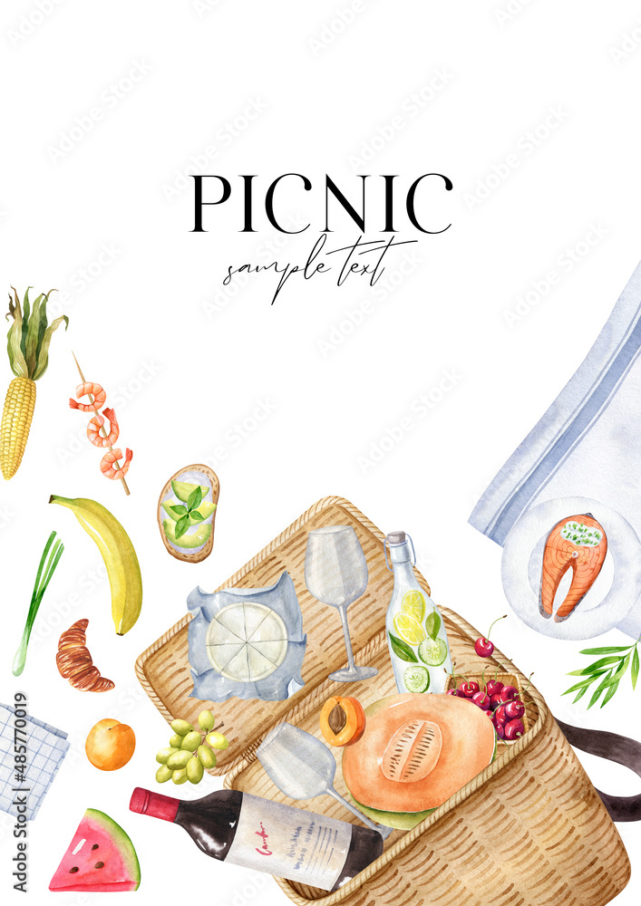 Watercolor picnic invitation template. Ready to use card with food ...