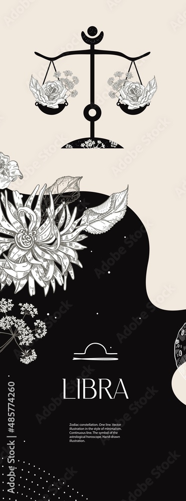 Zodiac sign Libra. Black silhouette with white flowers. Vertical ...