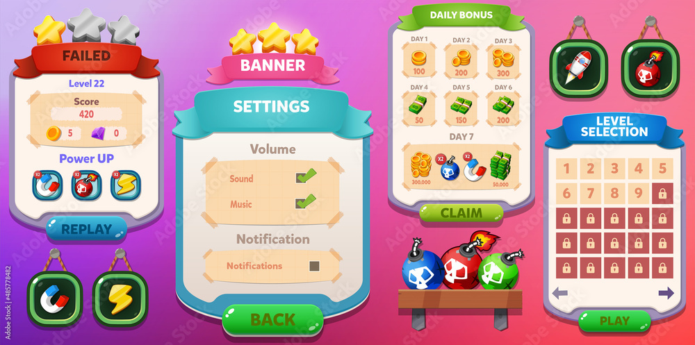 Game Ui Kit Menus, pop up, screens and Game elements Stock Vector ...