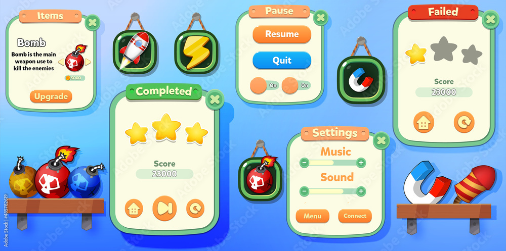 Game Ui Kit Menus, pop up, screens and Game elements เวกเตอร์สต็อก ...