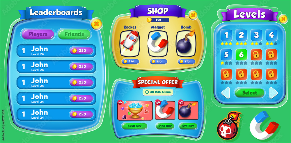 Game Ui Kit Menus, pop up, screens and Game elements Stock Vector ...