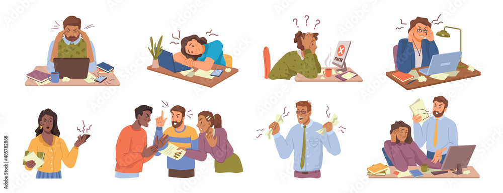 Man and woman stressed and annoyed of work. Vector employees with ...