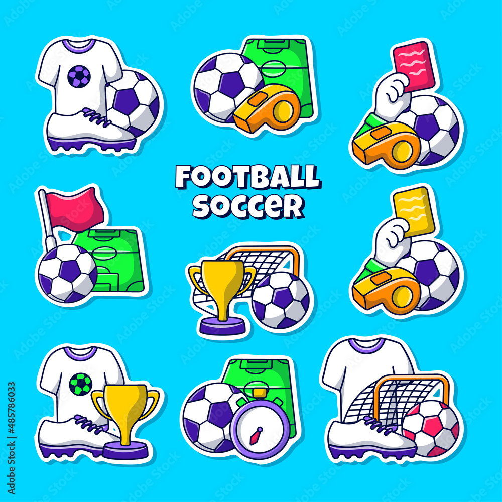 Soccer football sticker collection with colored hand drawn cartoon ...