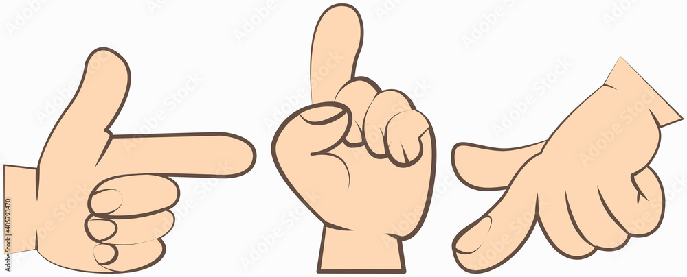 Cartoon hands set. Different gestures with fingers pointing, attention ...