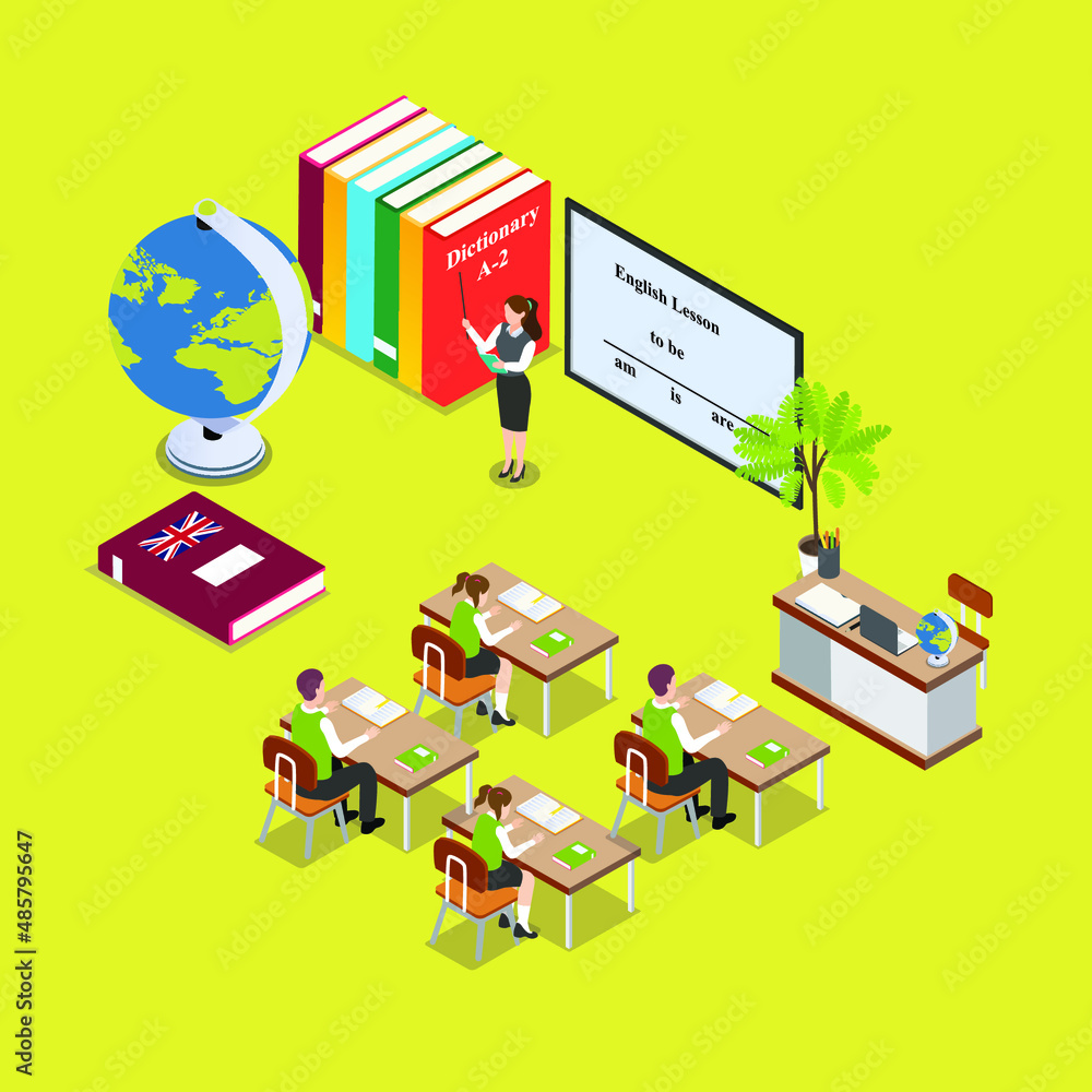 Education vector concept. Female teacher teaching english lesson to her ...