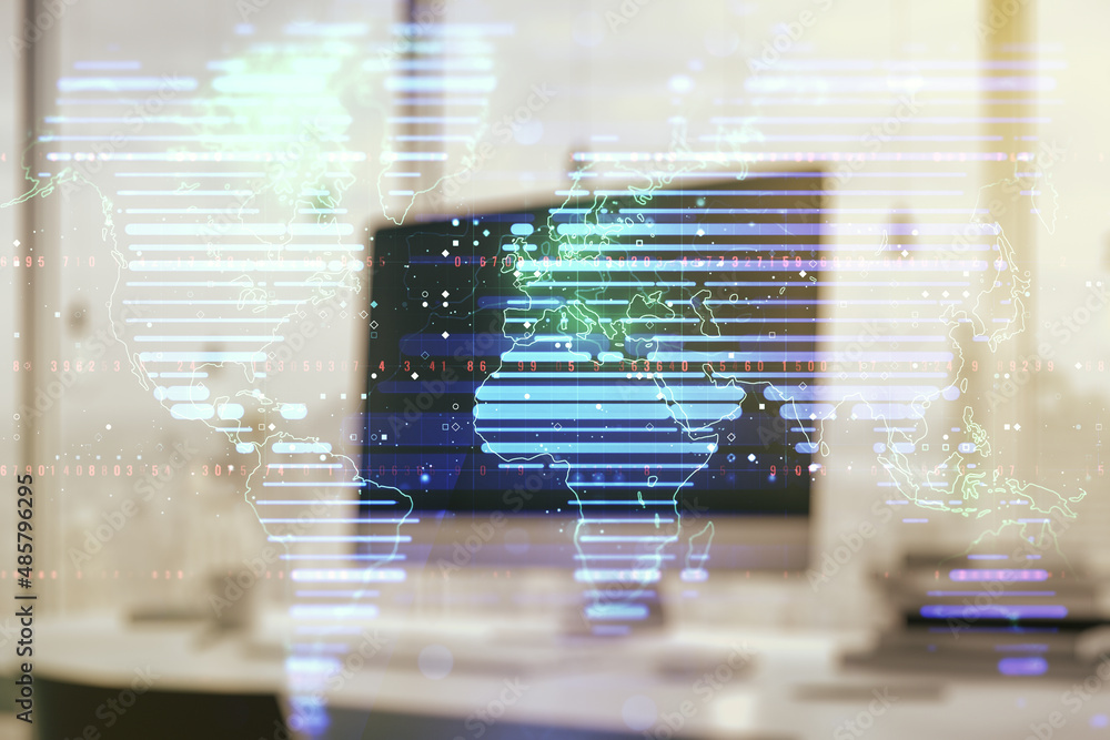 Multi exposure of abstract graphic world map on computer background ...