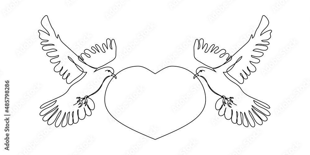 Birds with heart line art. Continuous line drawing of two doves keep ...