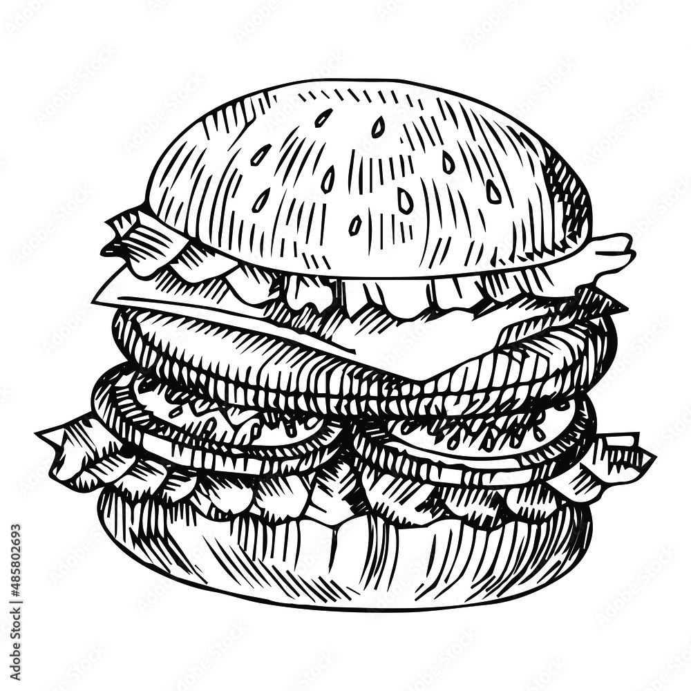 Hand drawn burger. Realistic vintage sketch. Black color vector ...
