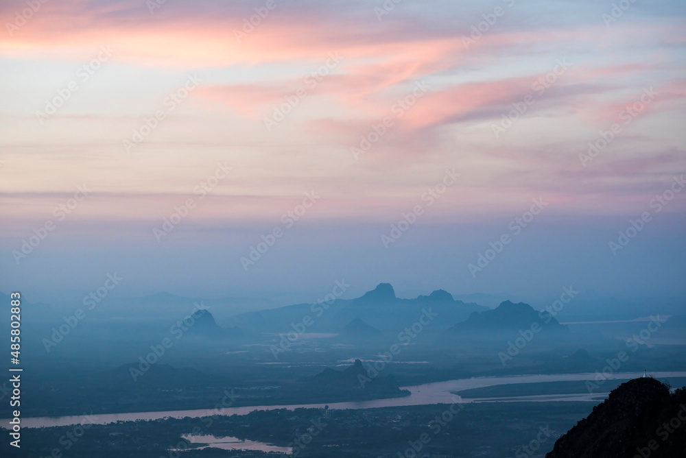 Limestone karst mountains around Hpa An, seen from Mount Zwegabin at ...