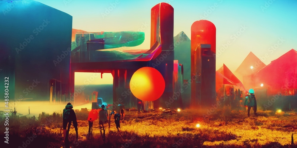 Retro futuristic abstract cityscape. Creative architecture concept ...