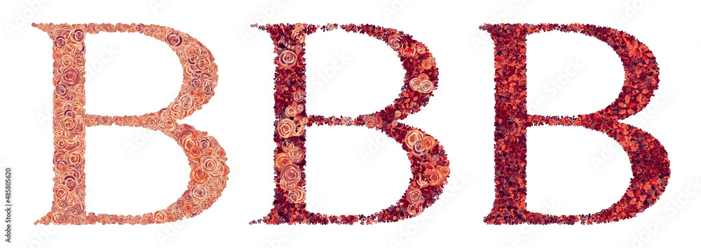 Watercolor letter B like rose bush with white background. Three type B ...