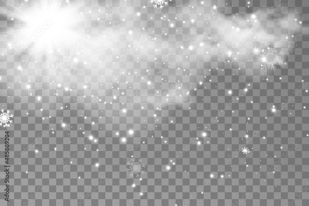 Vector illustration of flying snow on a transparent background.Natural ...