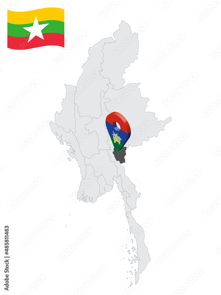 Location of Kayah State on map Myanmar. 3d Kayah flag map marker ...