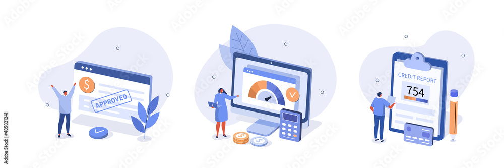 Credit report illustration set. Characters with good credit score ...