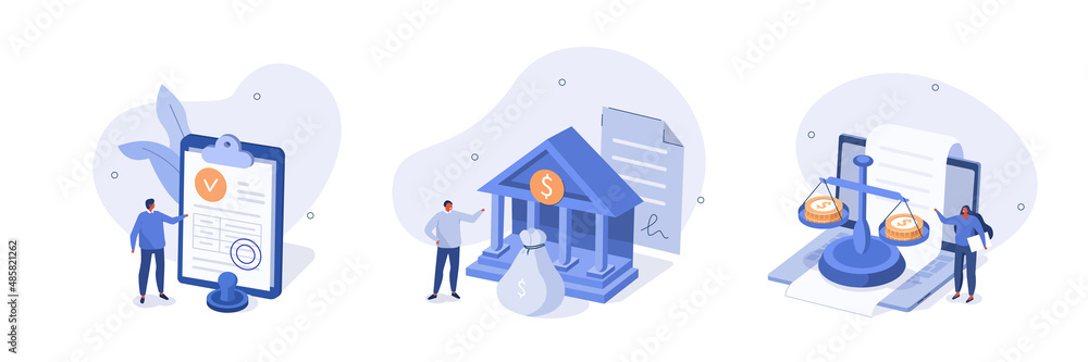 Public finance illustration set. Characters receiving grant, subsidy or ...