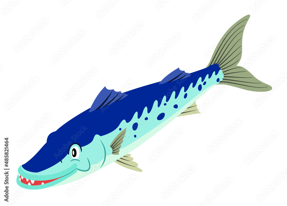 Blue barracuda in flat art style. Cute mascot illustration of carnivore ...
