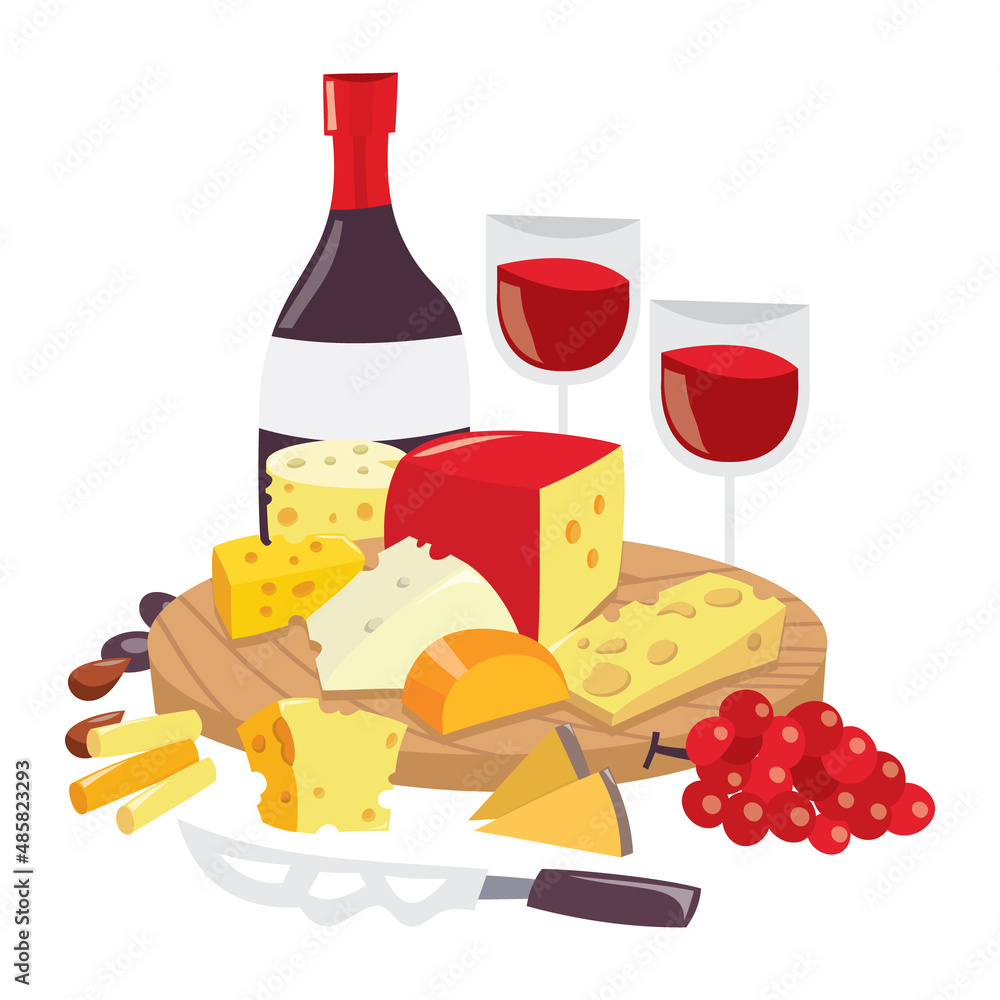 Cartoon Round Cheese Board Wine Bottle Glasses Stock Vector | Adobe Stock