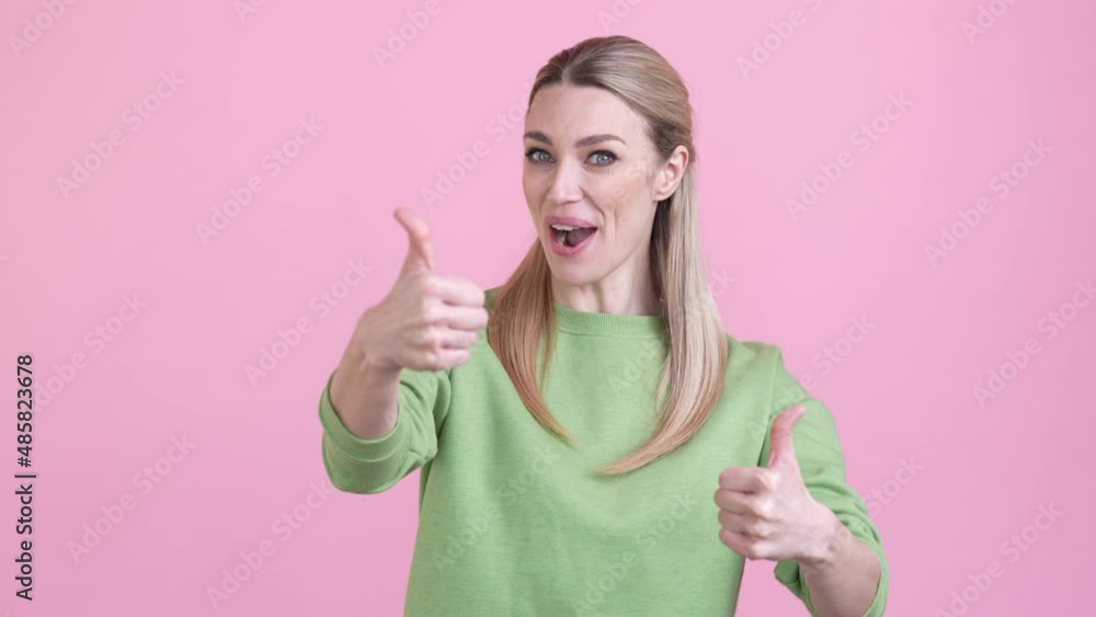 Lady enjoy crazy ads make thumb-up symbol isolated pastel color ...