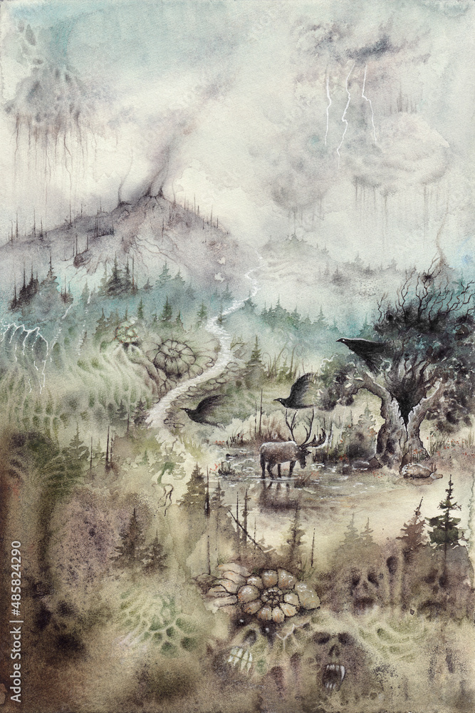 Dark fantasy creepy nature scenery. Enchanted magical forest watercolor ...