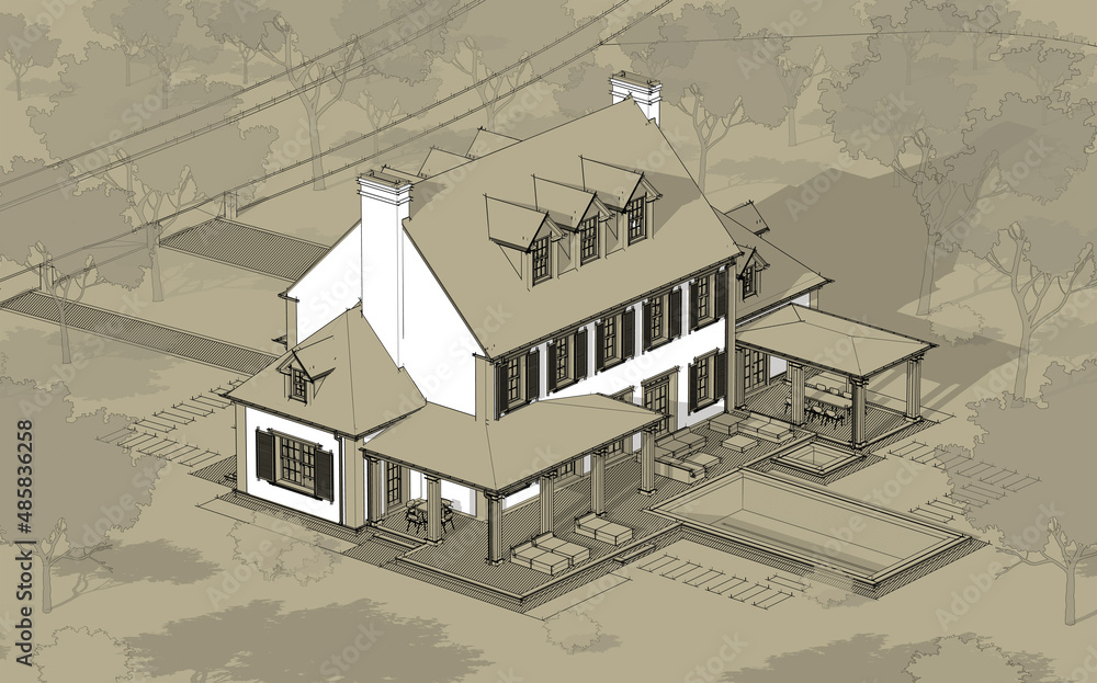 3d rendering of modern cozy classic house in colonial style with garage ...