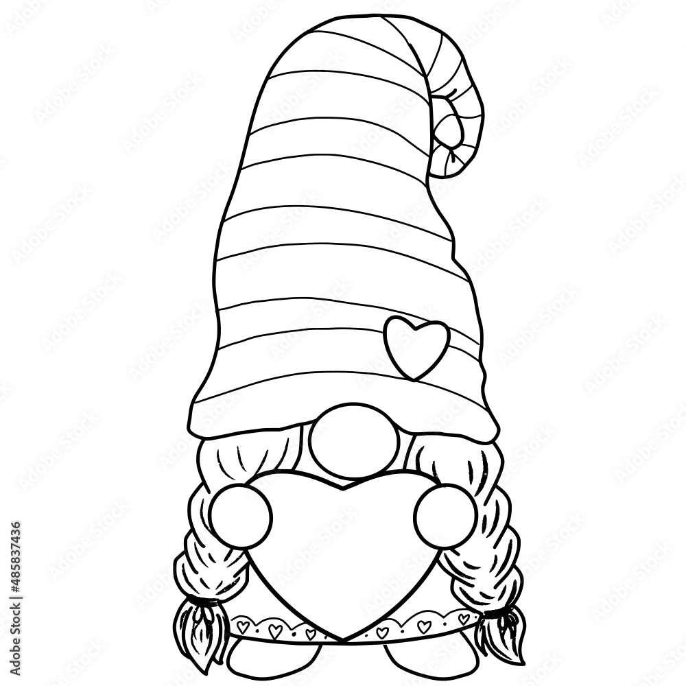 Girl Gnome hold big heart, Outline Stock Vector | Adobe Stock