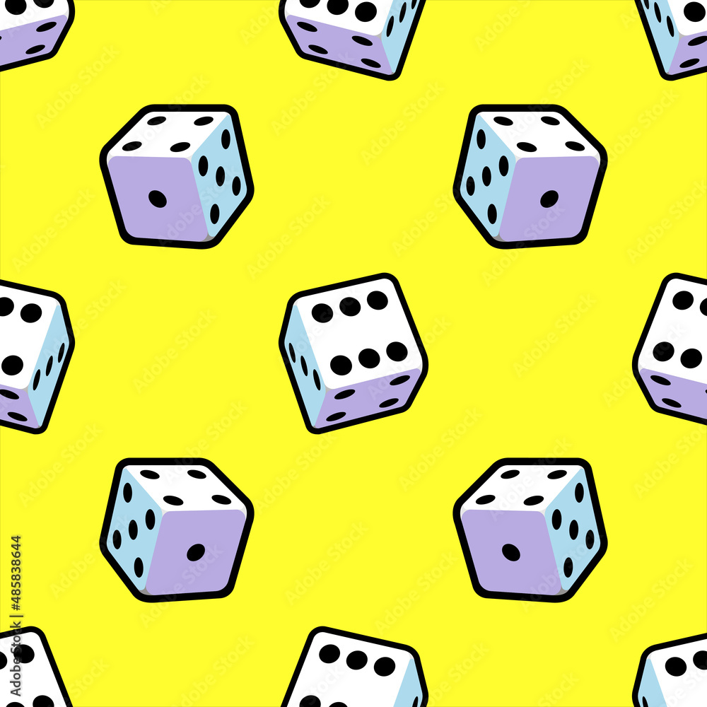 Cartoon pattern of playing dice on a yellow background for printing and ...