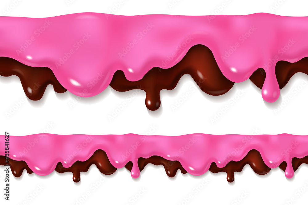 Melted chocolate and pink icing or sweet sauce seamless drop. Berry ...