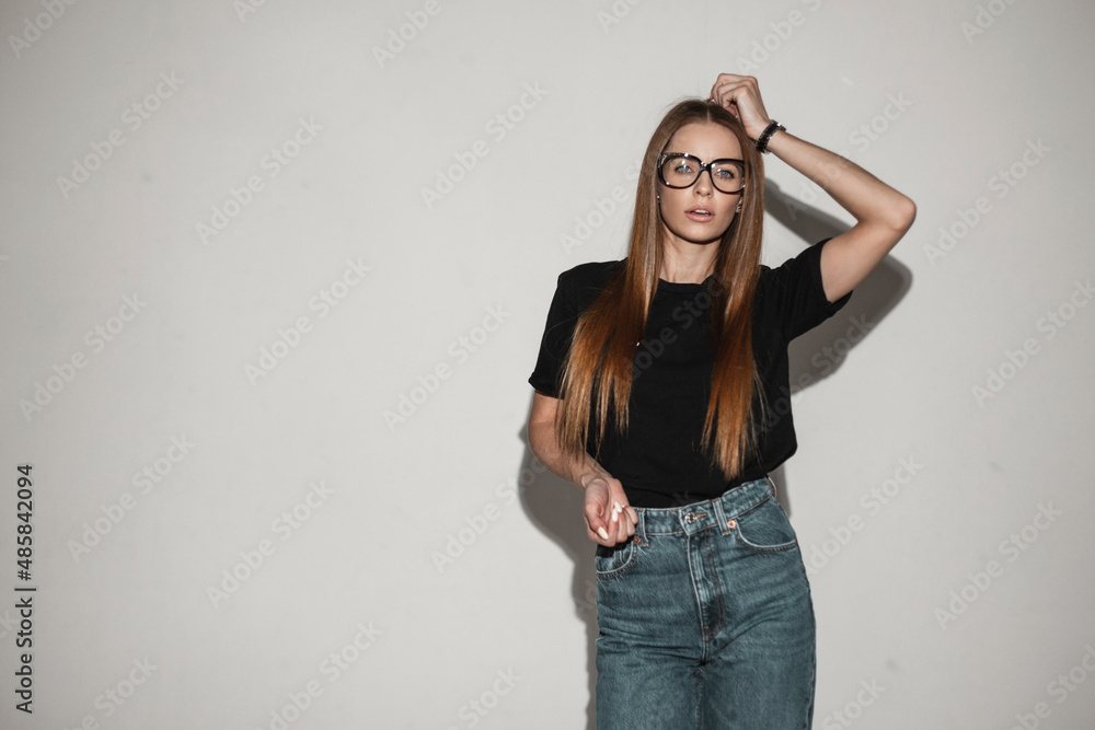 Sexy pretty woman model with vintage stylish eyewear glasses in black t ...