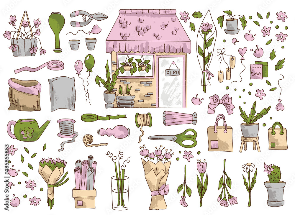 Hand drawn set for florist shop, flower, bouquet, scissors, wrapping ...